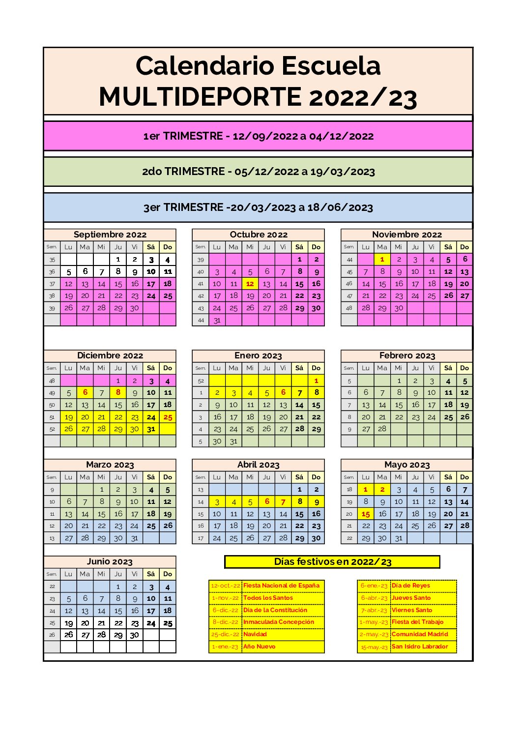 CALENDARIO ESCUELA MULTIDEPORTE – Fundación Apóstol Santiago